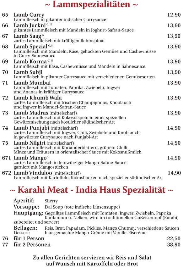 India Haus Werder Speisekarte
